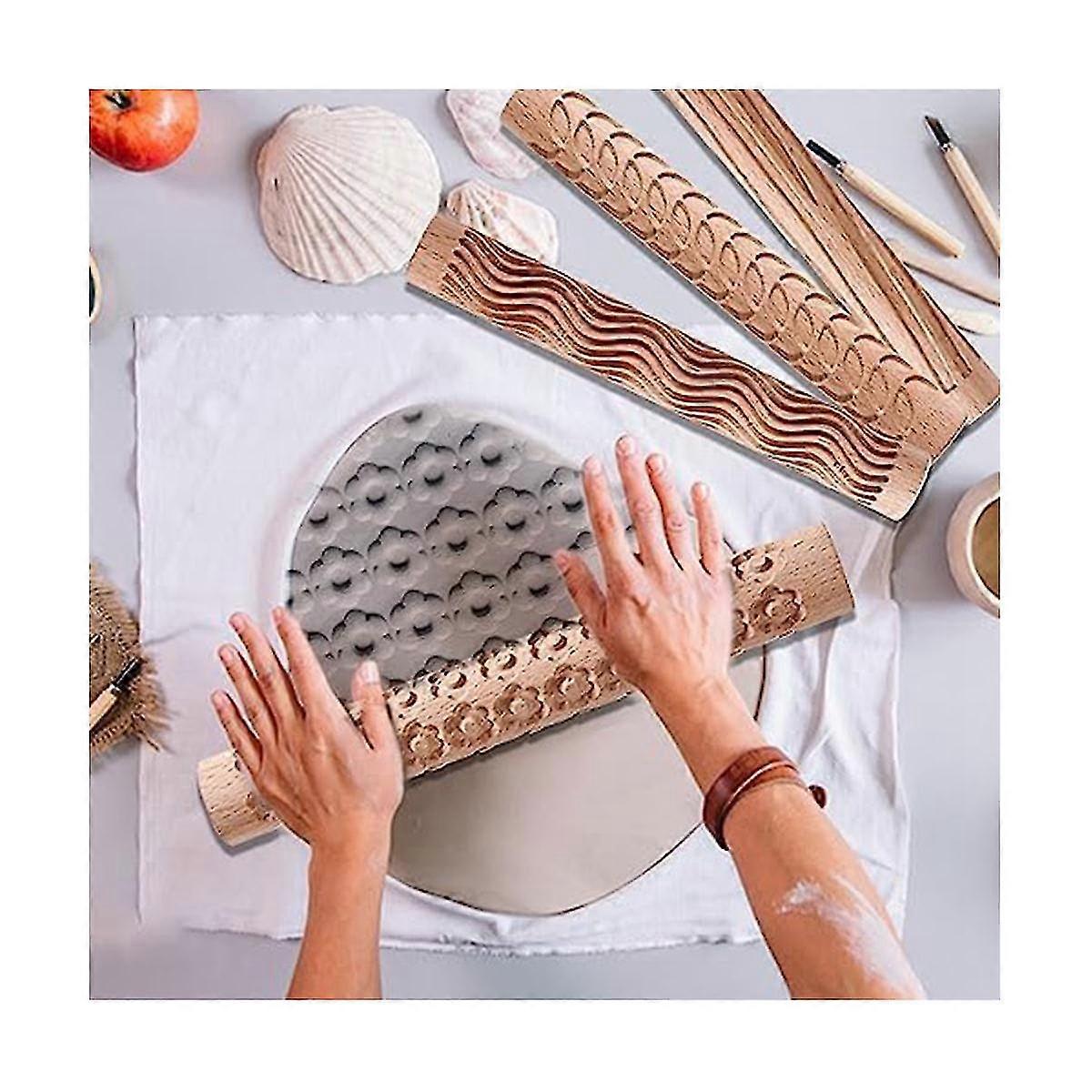 Set Of 6 Wood Clay Modeling Pattern Rollers Kit, Clay Rolling Pin ...