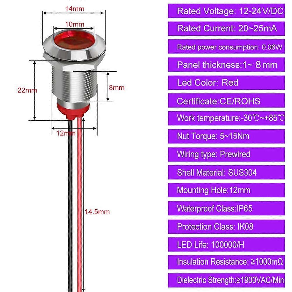 5pcs 12mm 12/24VDC LED Metal Indicator - Waterproof Light Signal Pilot ...