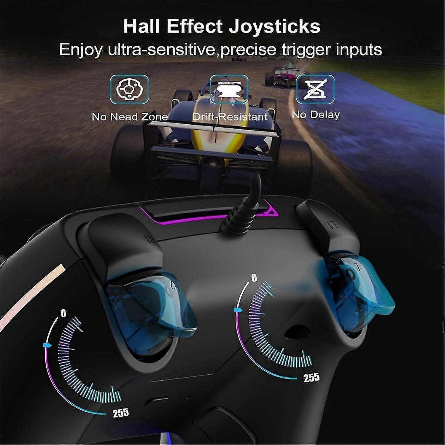 For PS5 Wired Gamepad RGB Lights Hall Trigger Vibration Continuous Back ...