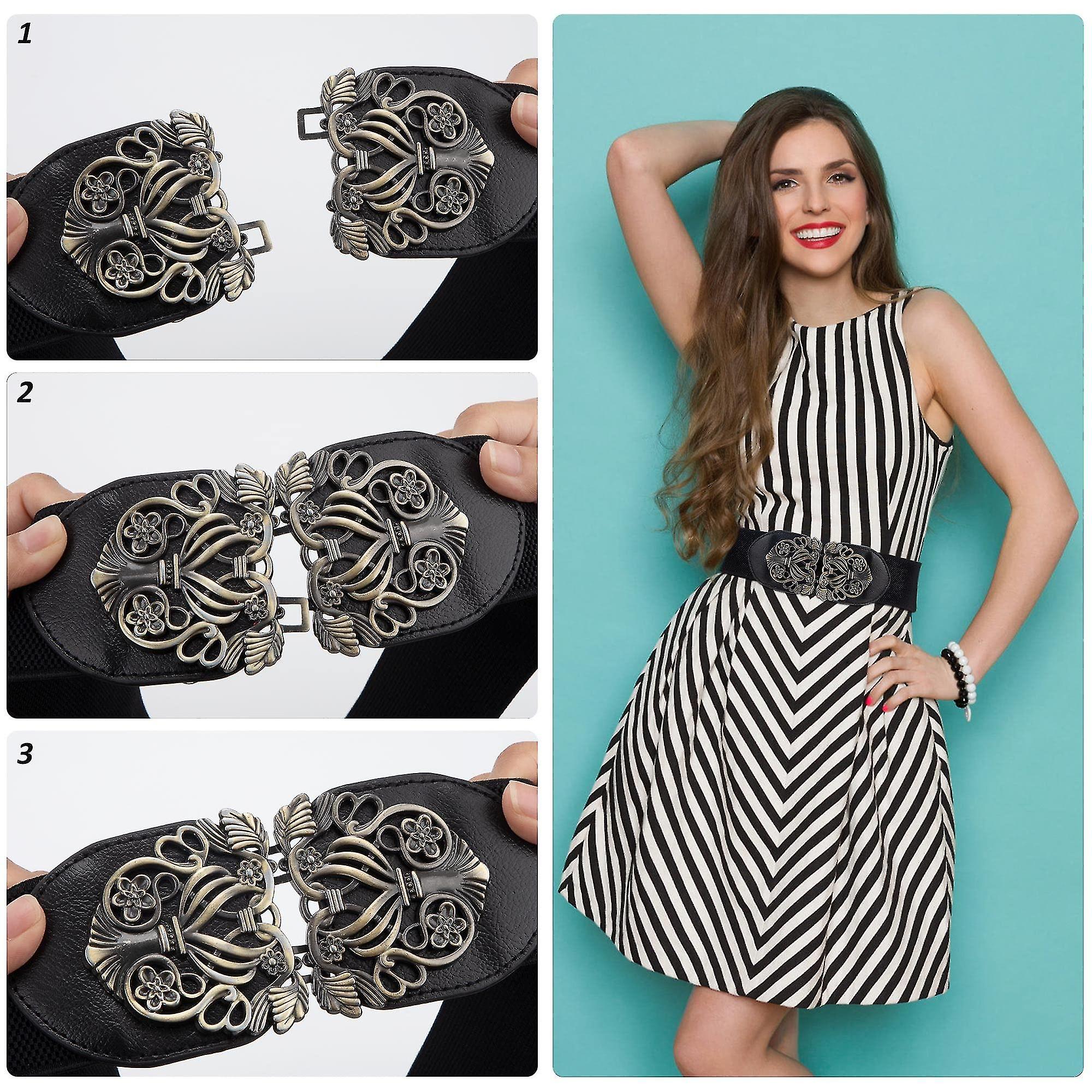 2 Pieces Retro Women's Stretch Waist Dress Belt With Metal Buckle For ...