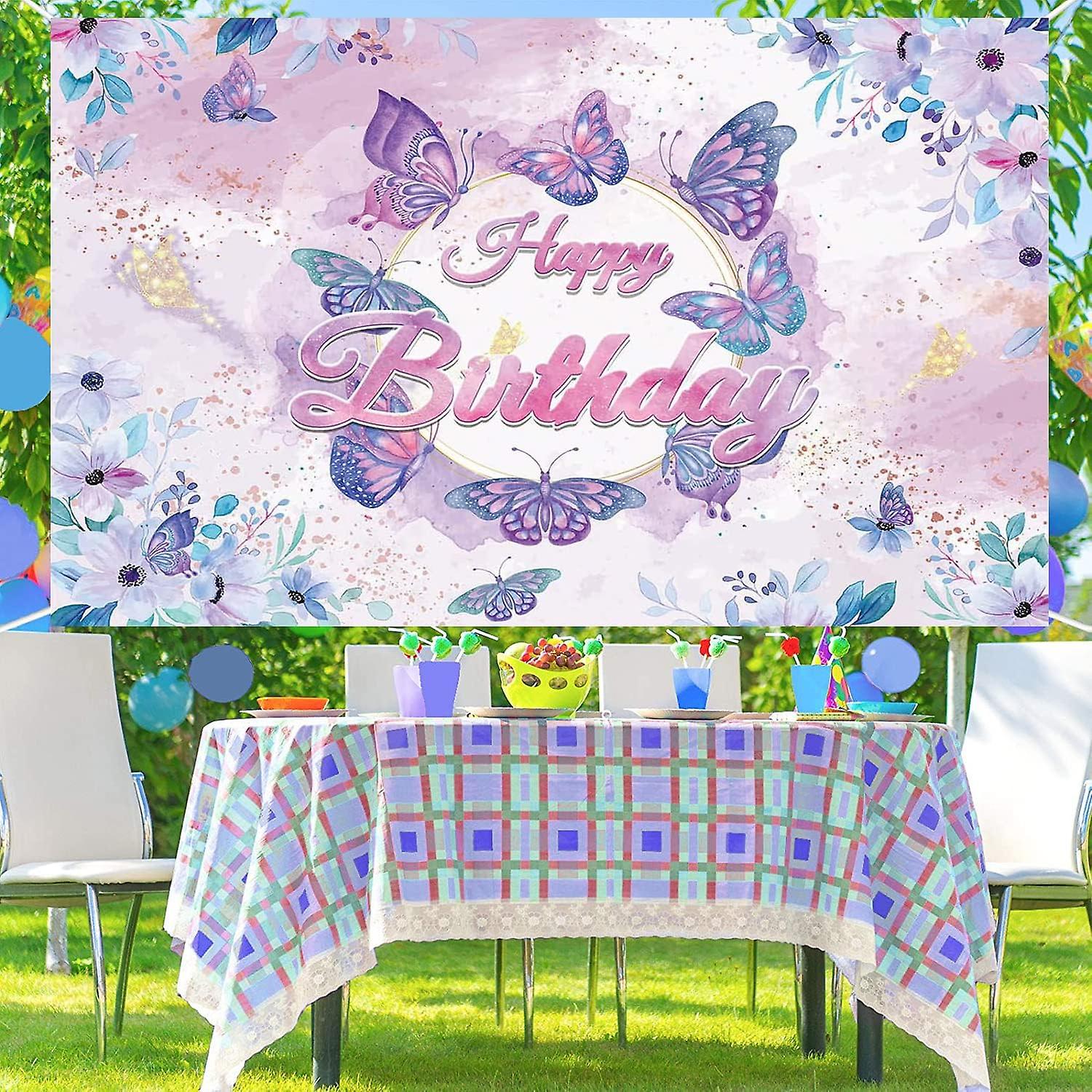 Purple Butterfly Happy Birthday Backdrop Banner Decor Sweet Baby Girls Princess Floral ...