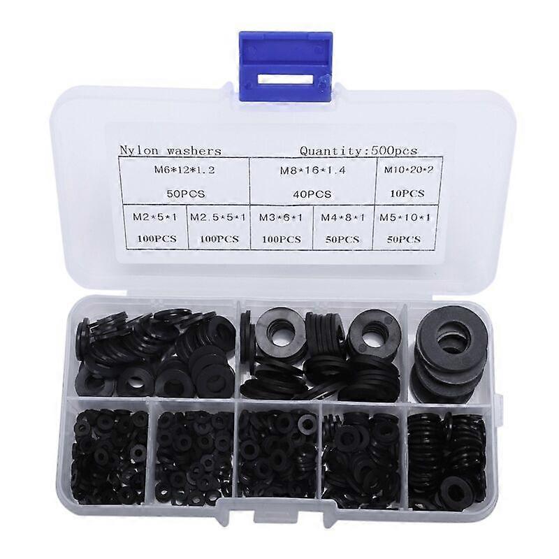 500pcs Black Flat Washer Nylon Washer Kit Washer Round Washer Gasket ...