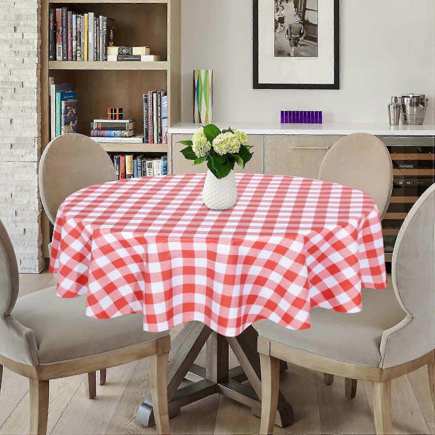 60 Inch Red And White Checkered Vinyl Round Tablecloth - 100% ...