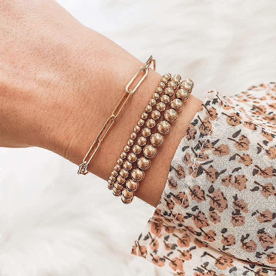 Gold Bead Layered Bracelets for Women,14K Gold Plated Beaded Ball Chain ...