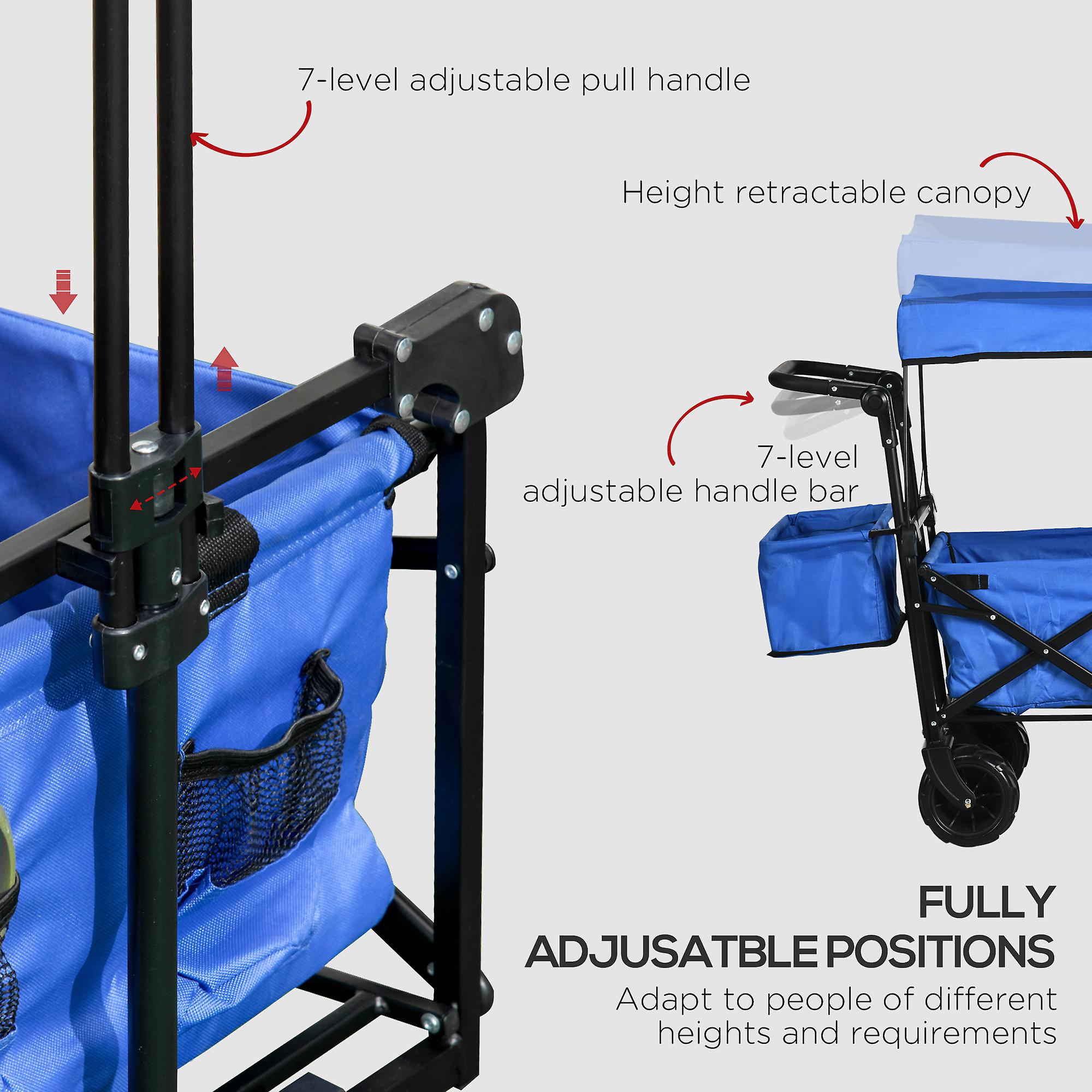 Outsunny Outdoor Push Pull Wagon Stroller Cart w/ Canopy Top Blue ...