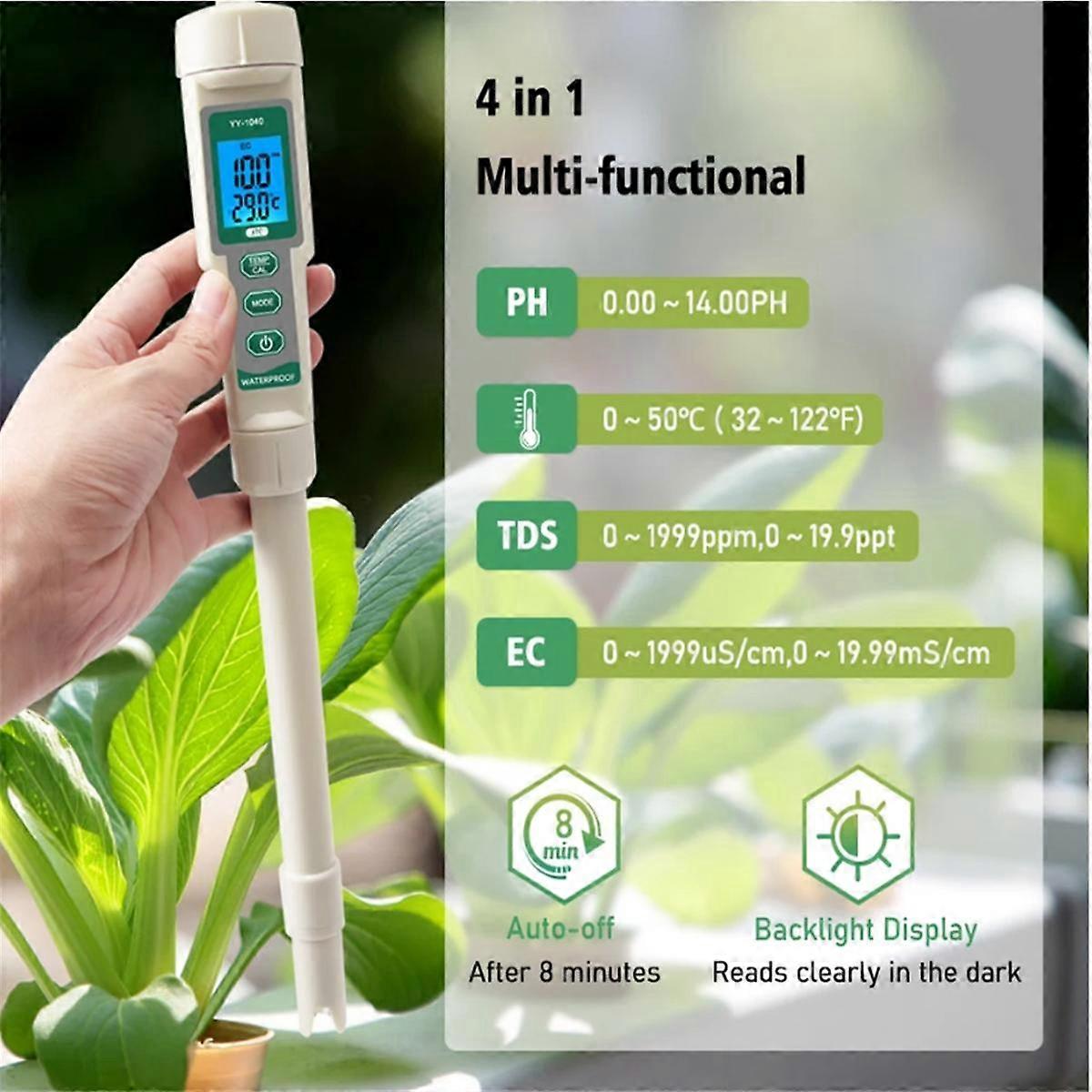 Professional Hydroponic Meter 4 in 1 PH EC TDS TEMP Tester Monitor Long ...