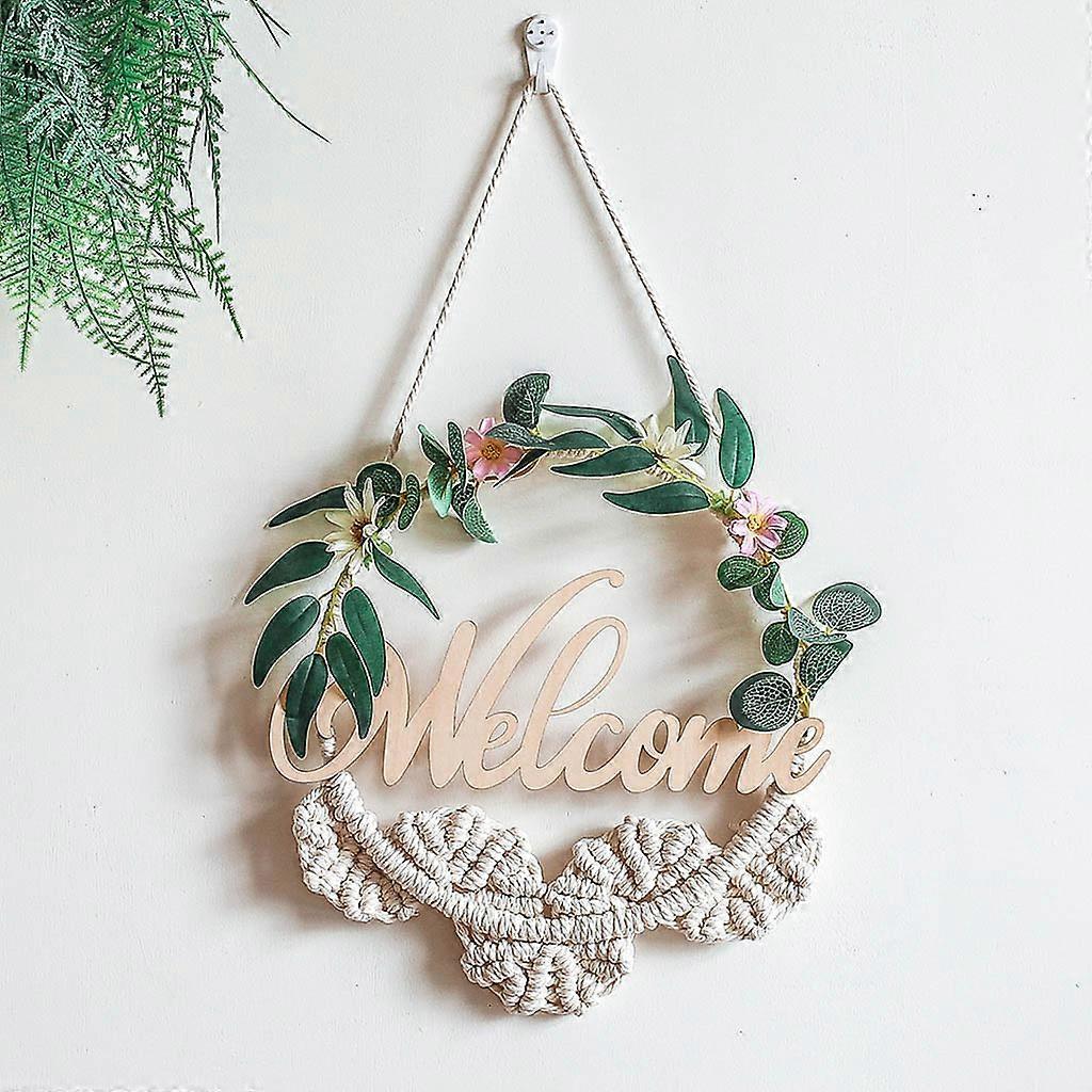 Nordic Style Woven Macrame Door Sign with Artificial Leaves Flower ...