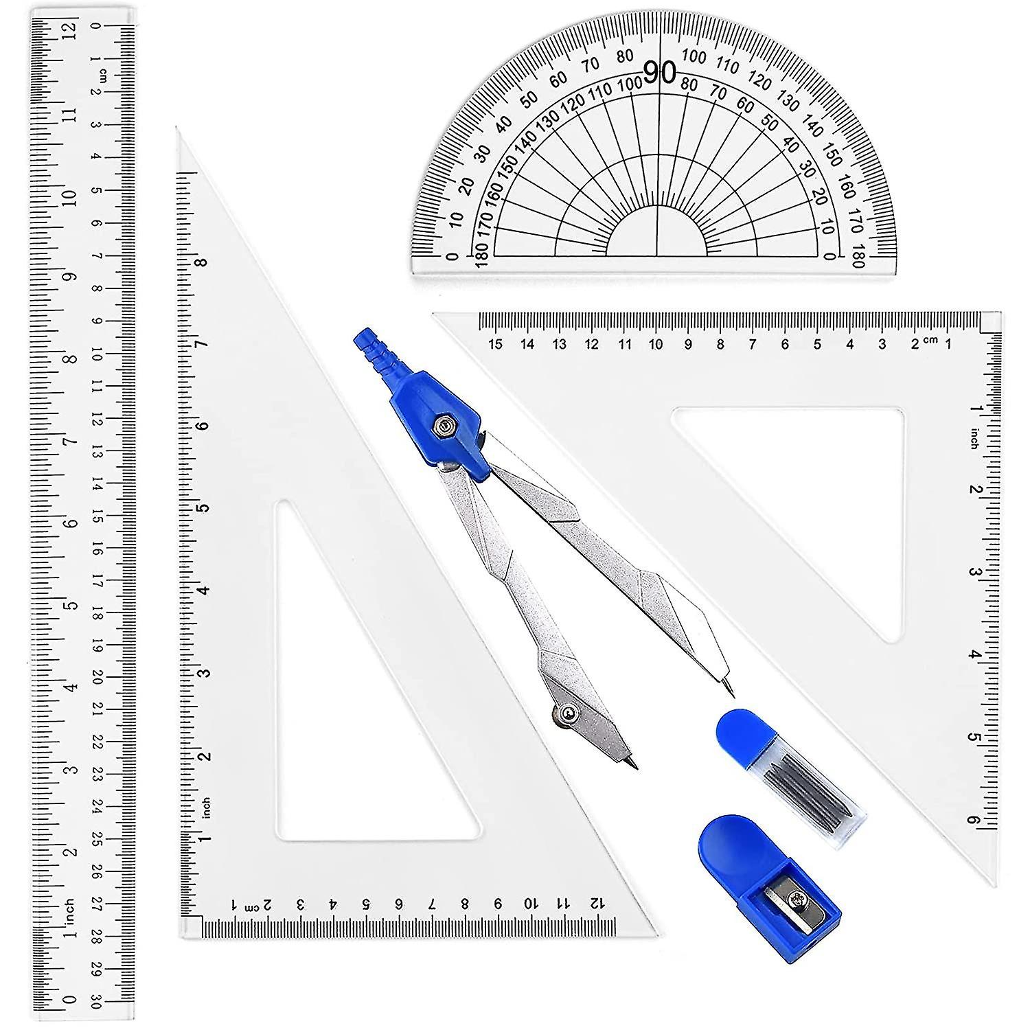 12 Inch Math Geometry Tool Plastic Ruler Set Includes Straight Ruler ...