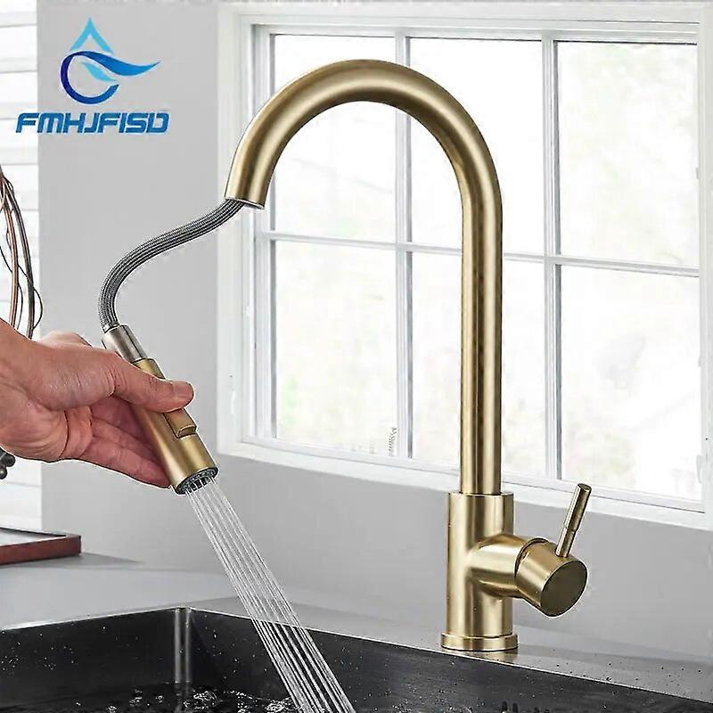Kitchen Faucet Brushed Gold Pull Out Kitchen Sink Water Tap Single ...