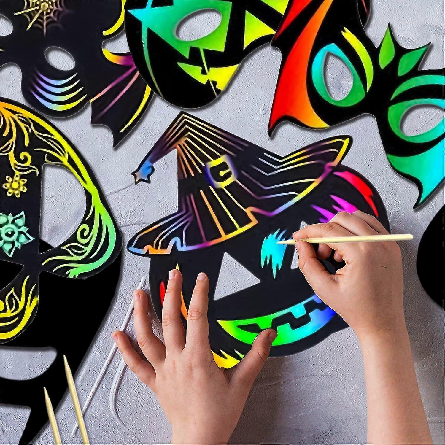 Halloween Scratch Masks, DIY Rainbow Scratch Paper Mask Art Craft Kit ...