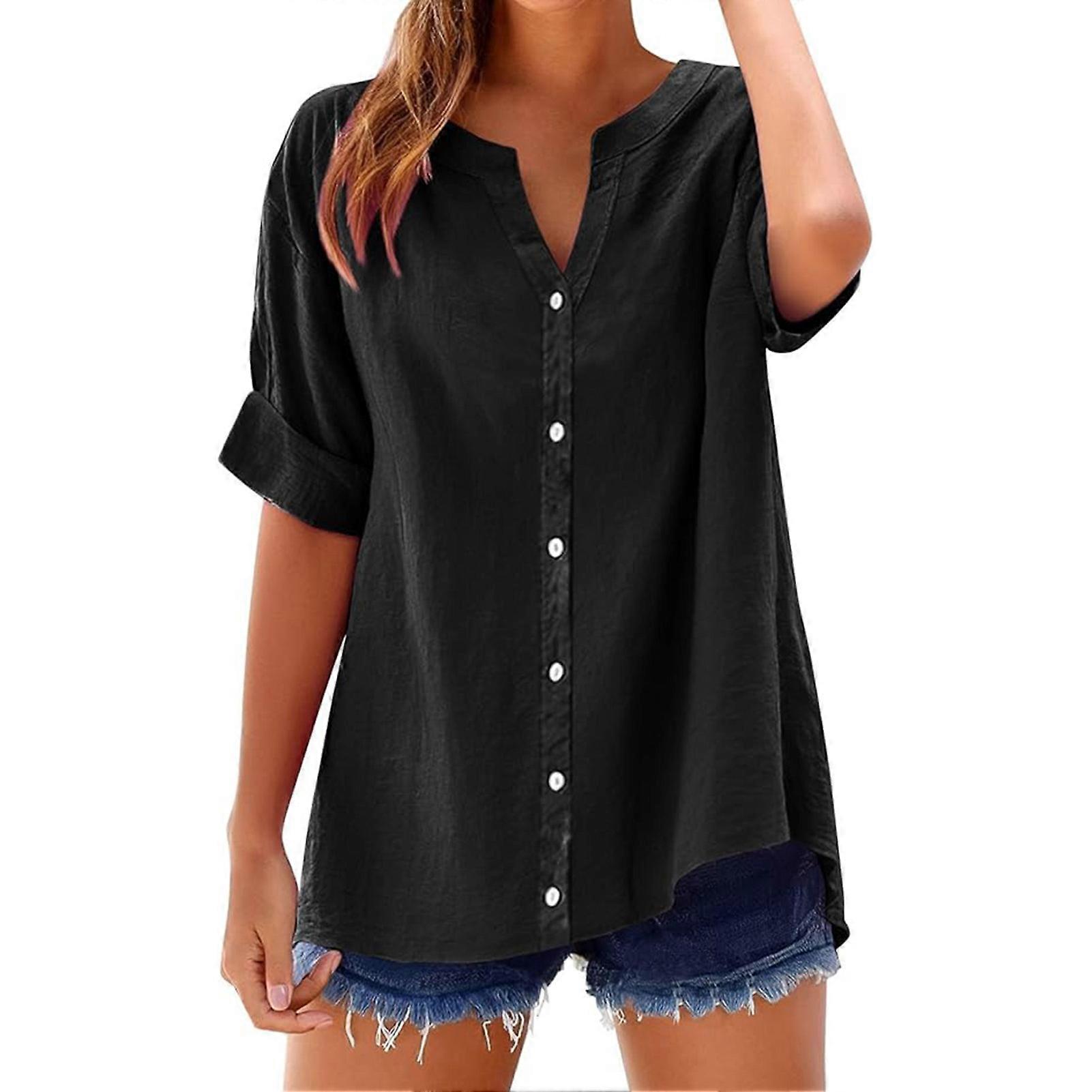 Womens Linen Button Down Shirts Summer 2025 Roll up Sleeve Oversized Boyfriend Solid Tops Casual ...