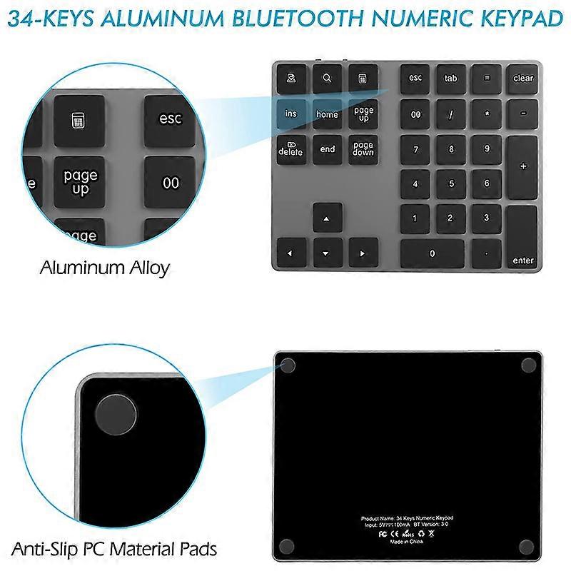 Bluetooth Numeric Keypad, Aluminum Rechargeable 34-Keys Wireless Number Pad External Numpad ...