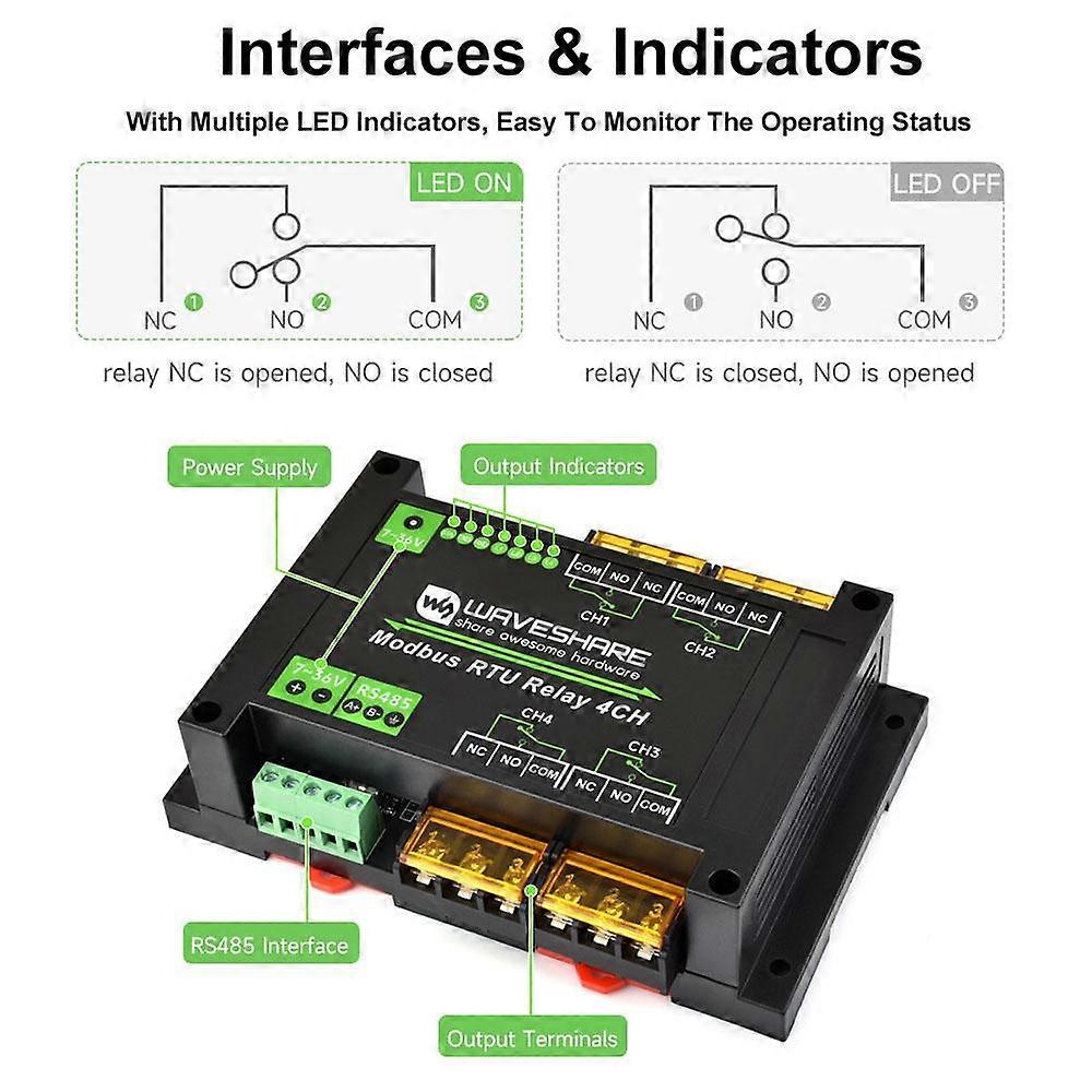 Waveshare Guide-Type 4-Way RS485 High-Current Relay Module, Modbus RTU ...