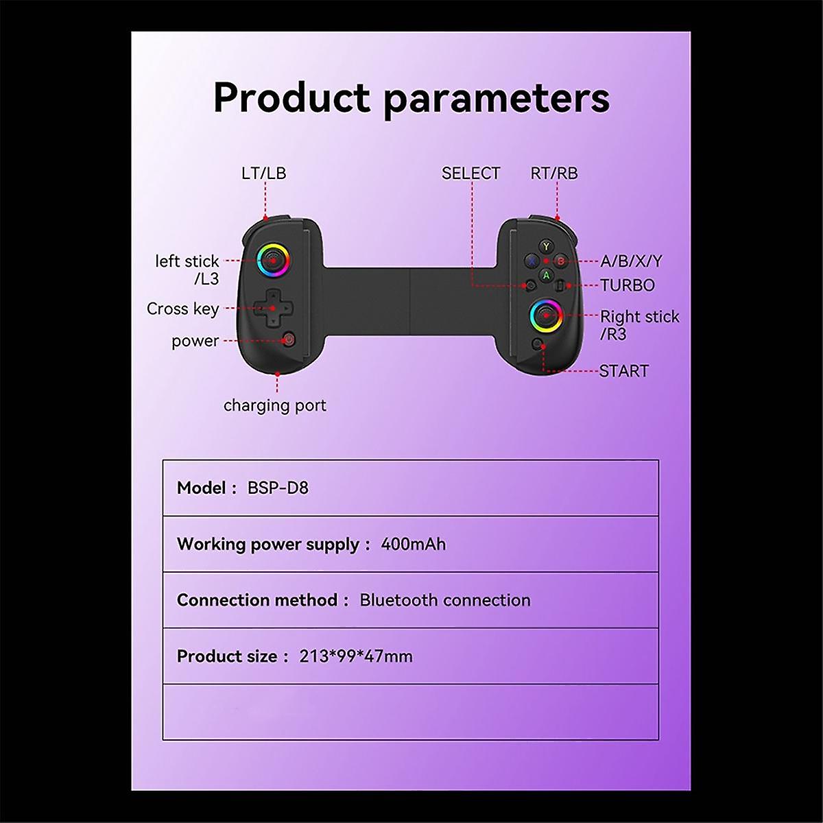 D8 Telescopic Game Controller RGB Light Mobile Game Controller with 6 ...