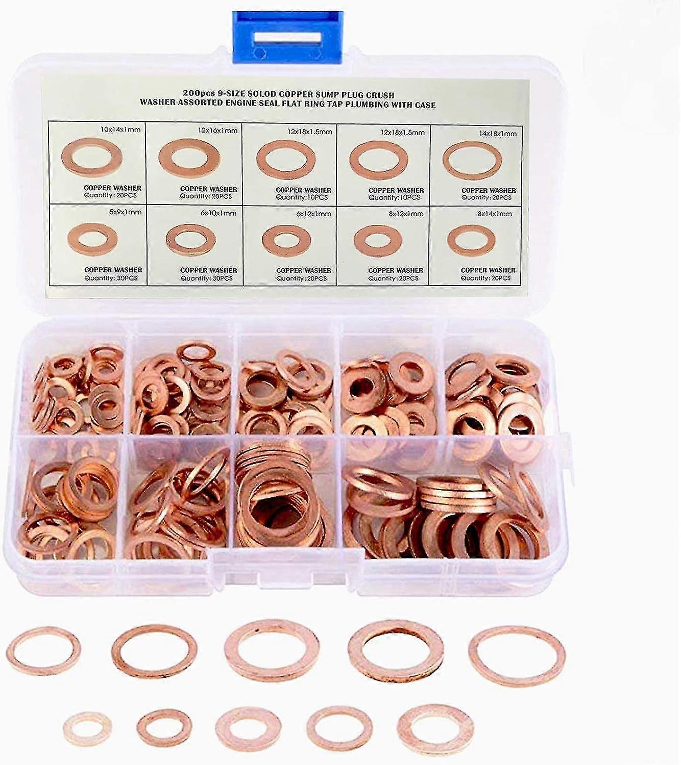 200 Pieces Copper Washer Assortment Kit, 9 Sizes Metal Washers Gaskets ...