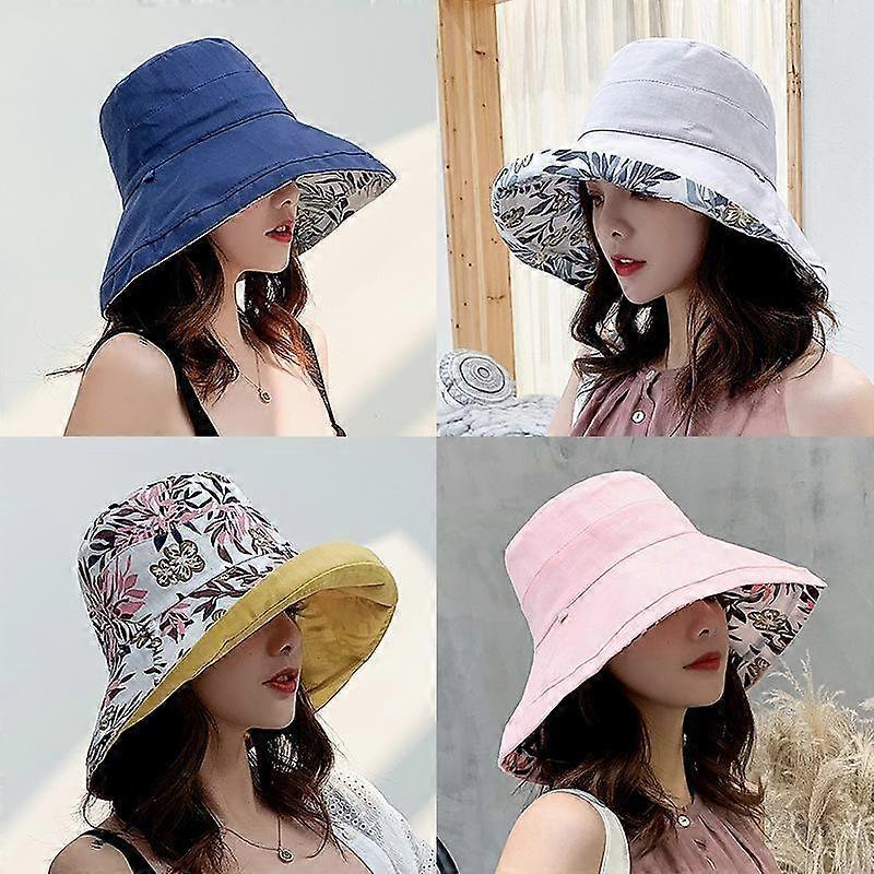 Wide Brim Cotton Summer Hat Women Packable Reversible Floral Bucket Hat UV Sun Protection Wide ...