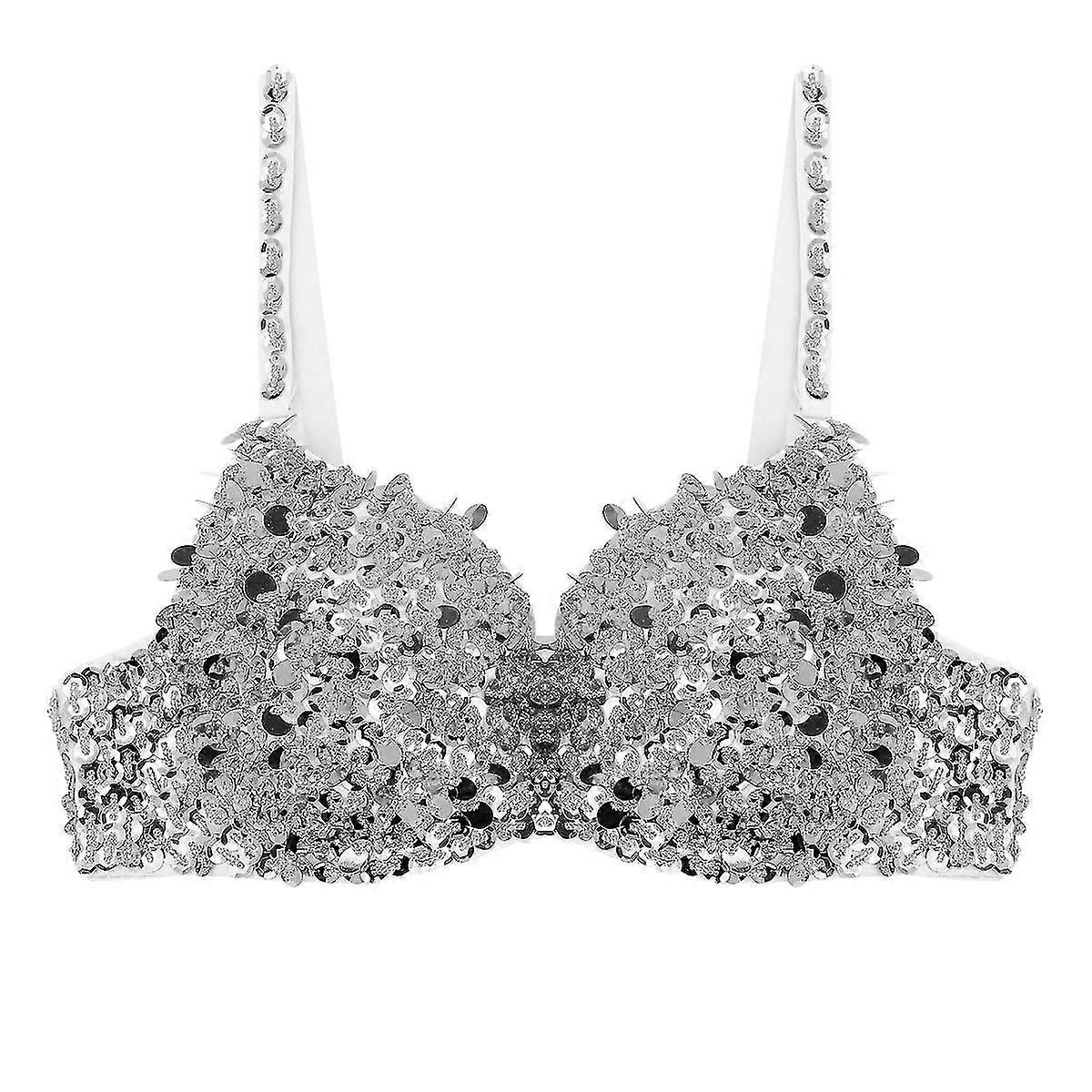 Womens Belly Dance Tops Sparkle Sequins Beading Padded Bra Top Belly ...