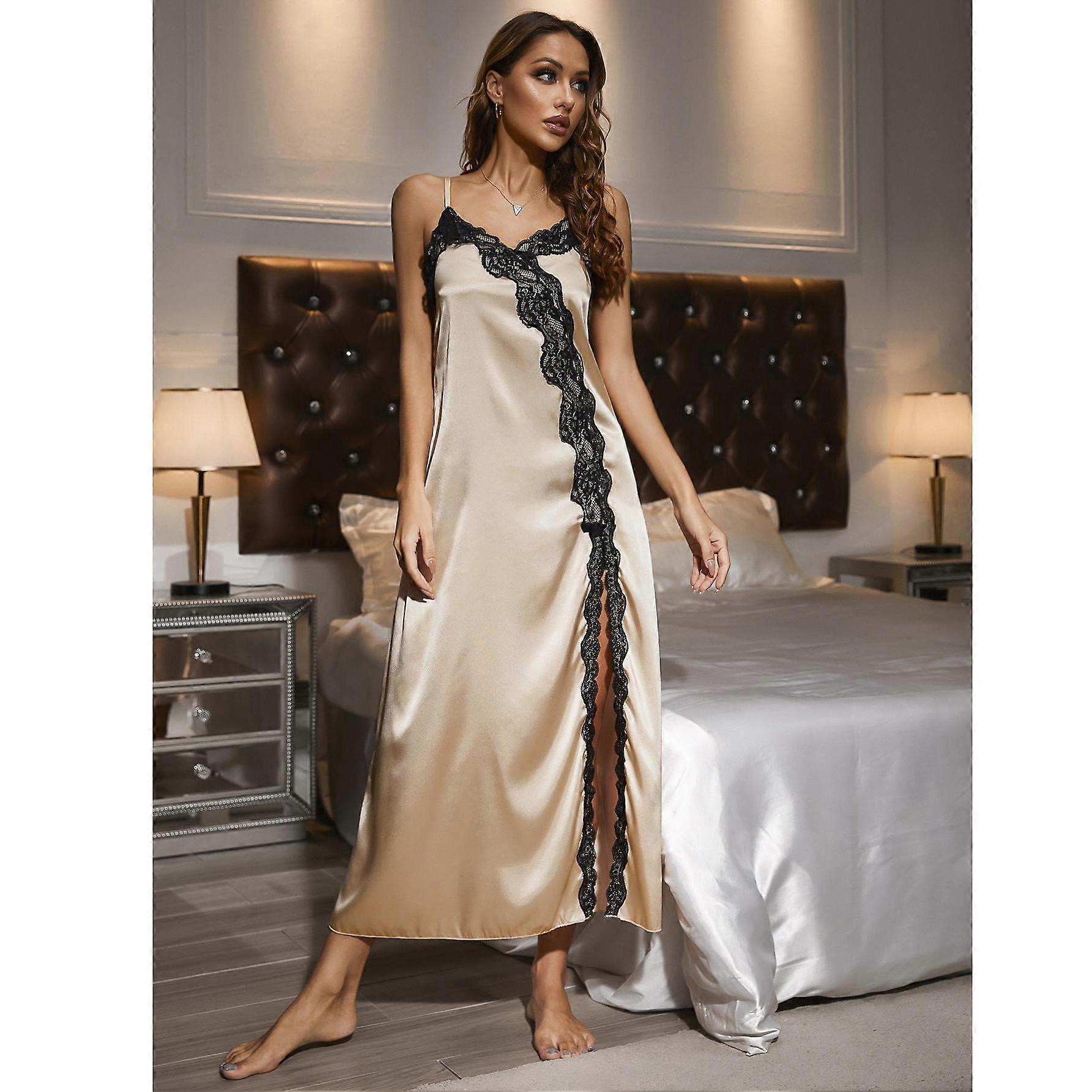 Women's Satin Lace Trim Maxi Chemise Pajama Slip Dress Bridal ...
