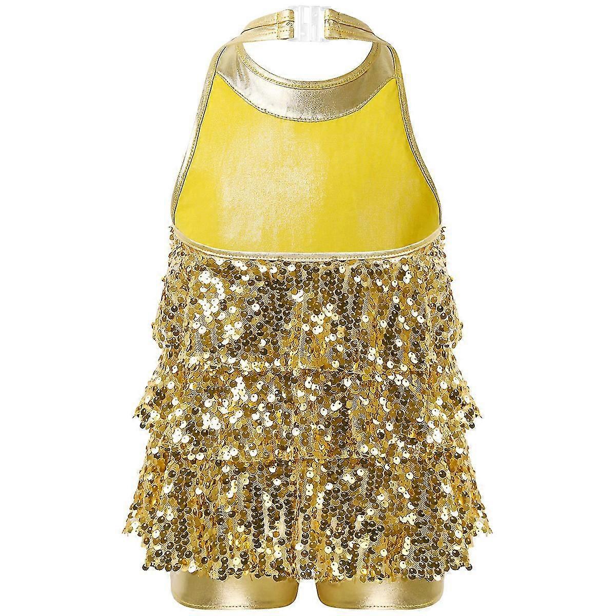 Kids Halter Shiny Sequins Ballet Dance Shorty Unitard Dress Teen Girls ...