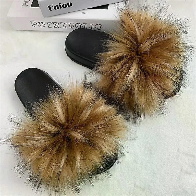 Summer Faux Fur Slippers Women Indoor Furry Fur Slides Female Plush Flip Flops Flats Sandals ...