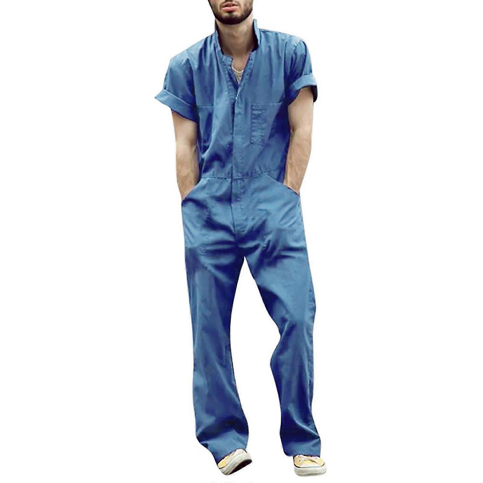 Men's Zipper Overalls With Lapel Solid Color Jumpsuit | Fruugo UK