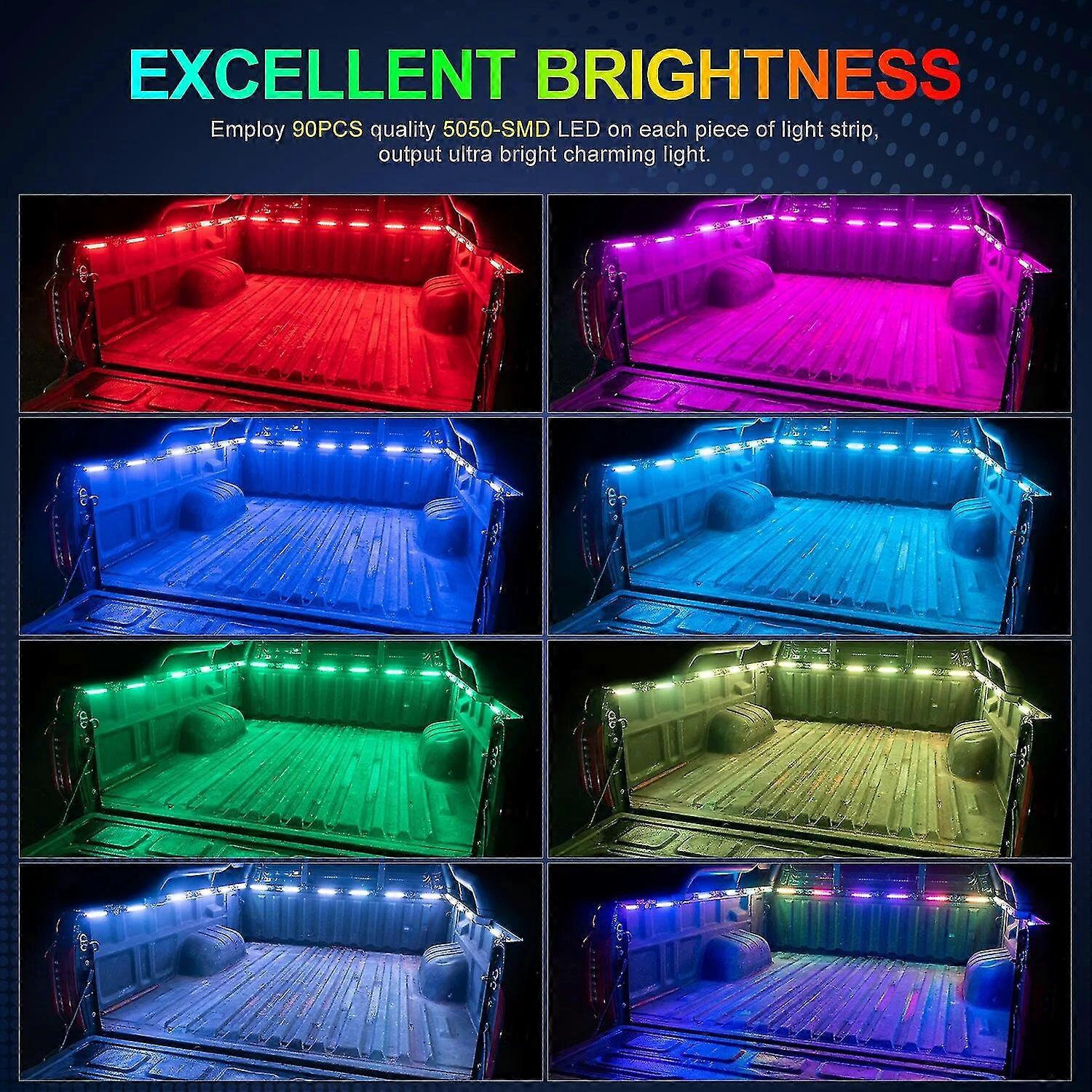 12V RGB Truck Bed Light Strip Kit LED Neon Accent Lights with RF Remote ...