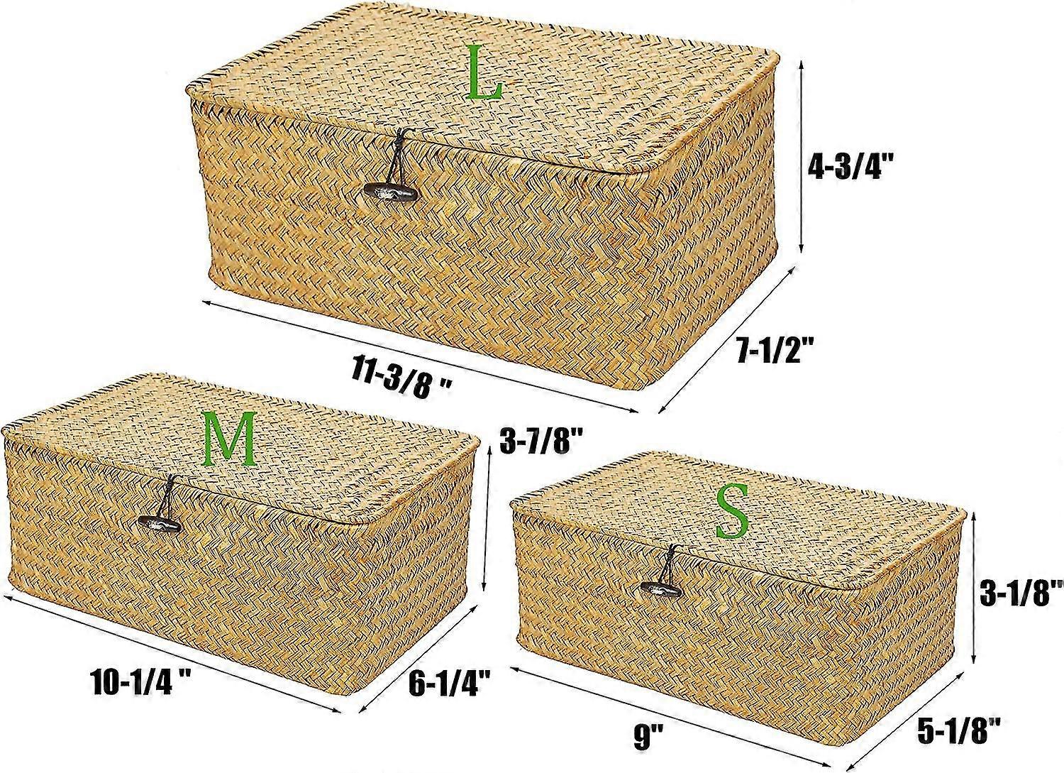 Shelf Baskets With Lid Set Of 3, Handwoven Seagrass Storage Bins Box Rectangular Seagrass Basket ...