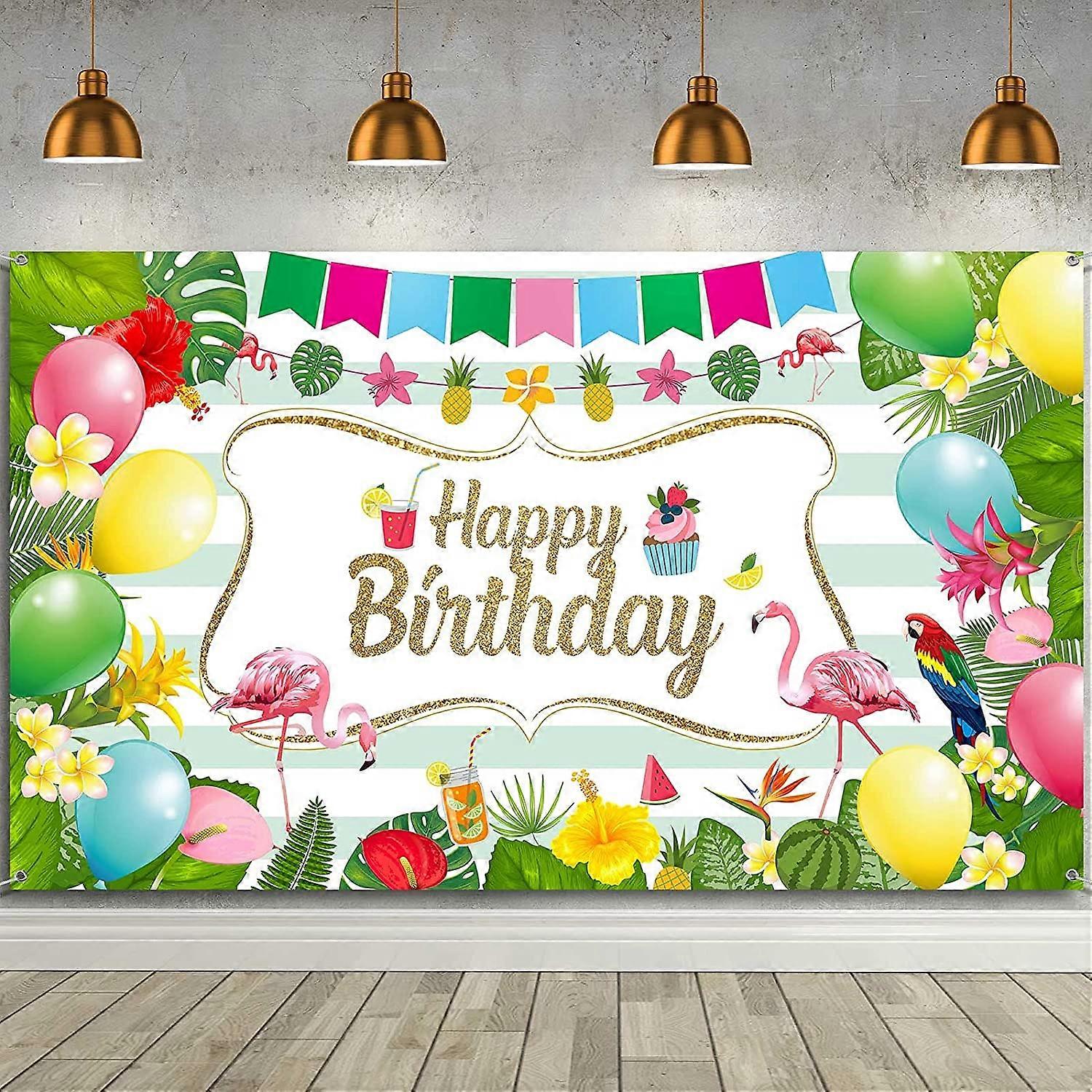 Summer Hawaiian Birthday Party Backdrop Flamingo Tropical Flowers ...