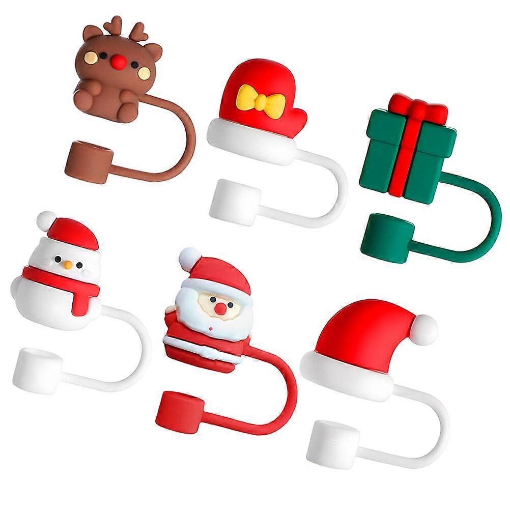 6pcs Christmas Straw Caps Straw Protector Cartoon Reusable Straw Caps ...