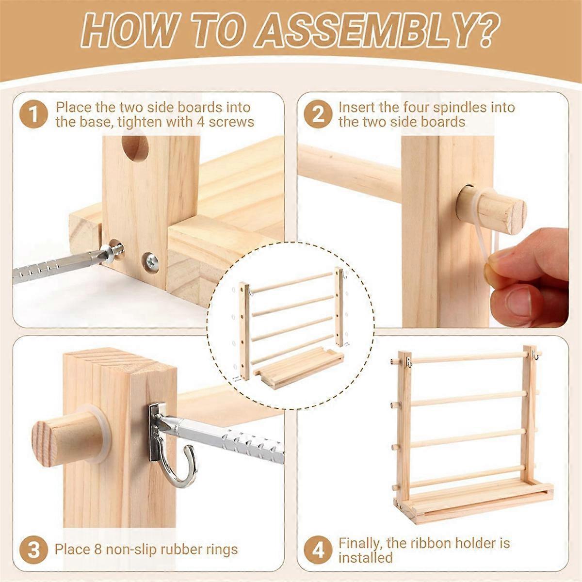 4 Tiers Wooden Ribbon Rack Ribbon Spool Holder Storage Display Shelf ...
