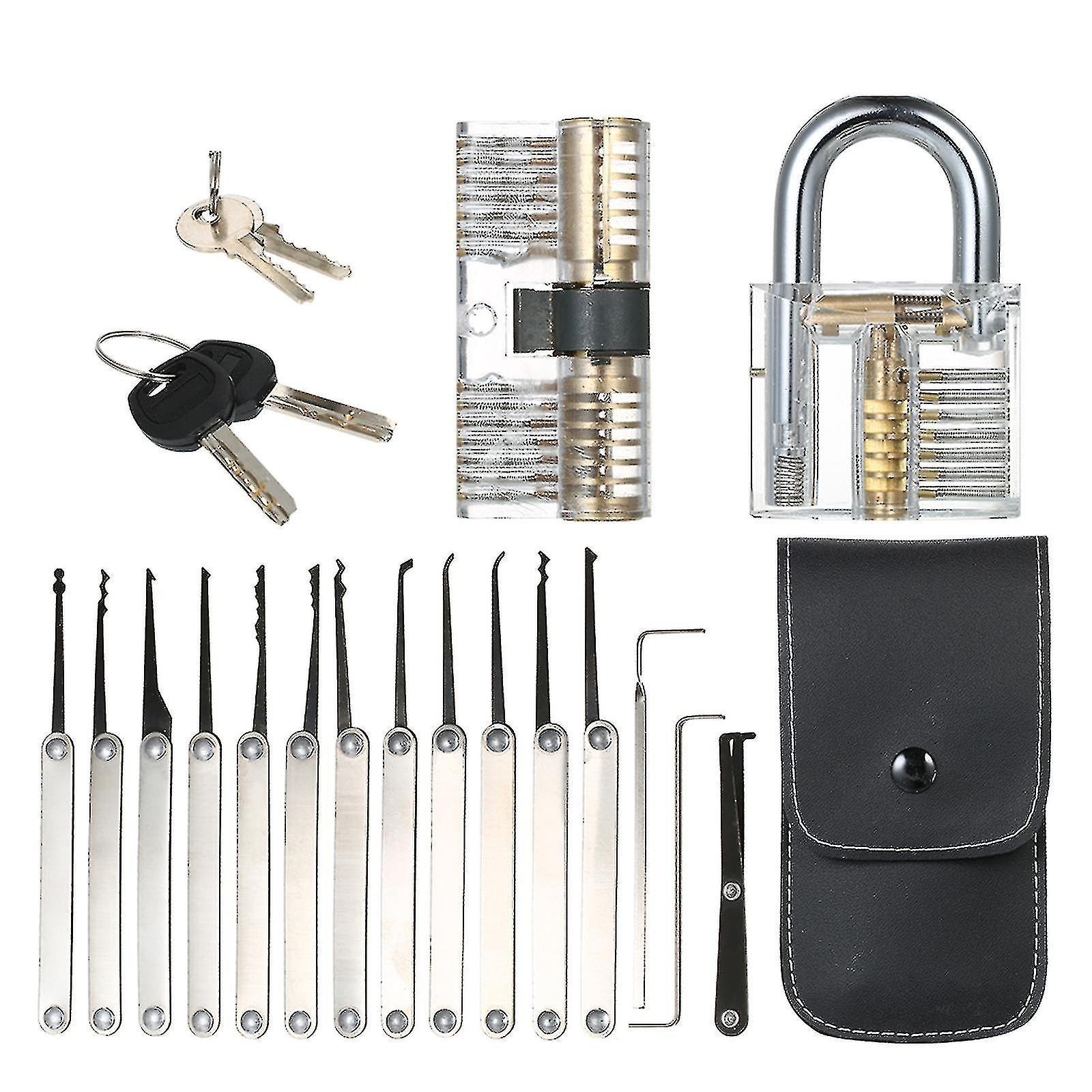 Transparent 15pcs Lock Picking Set Kit Tool With Two Transparent Practice Training Padlock Lock ...