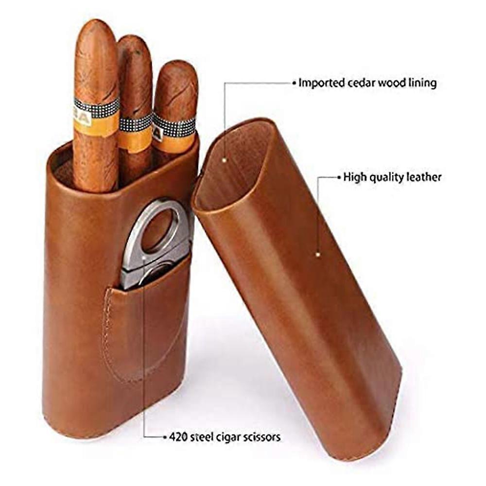 3 Finger Leather Cigar Case, Cedar Wood Lined Cigar Humidor with Silver ...