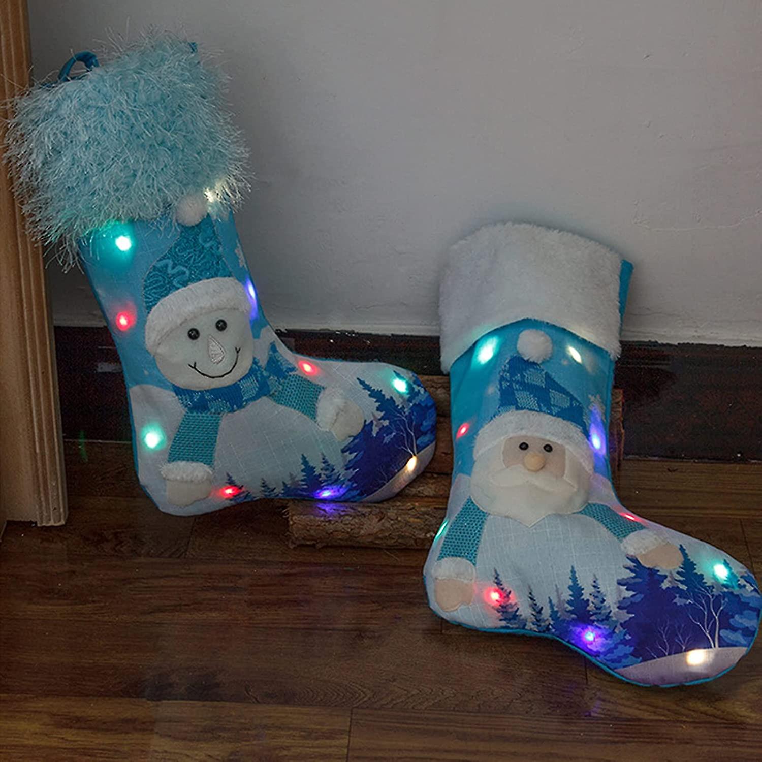 Christmas Stockings With Led Light, Velvet Blue Santa Snowman Xmas ...