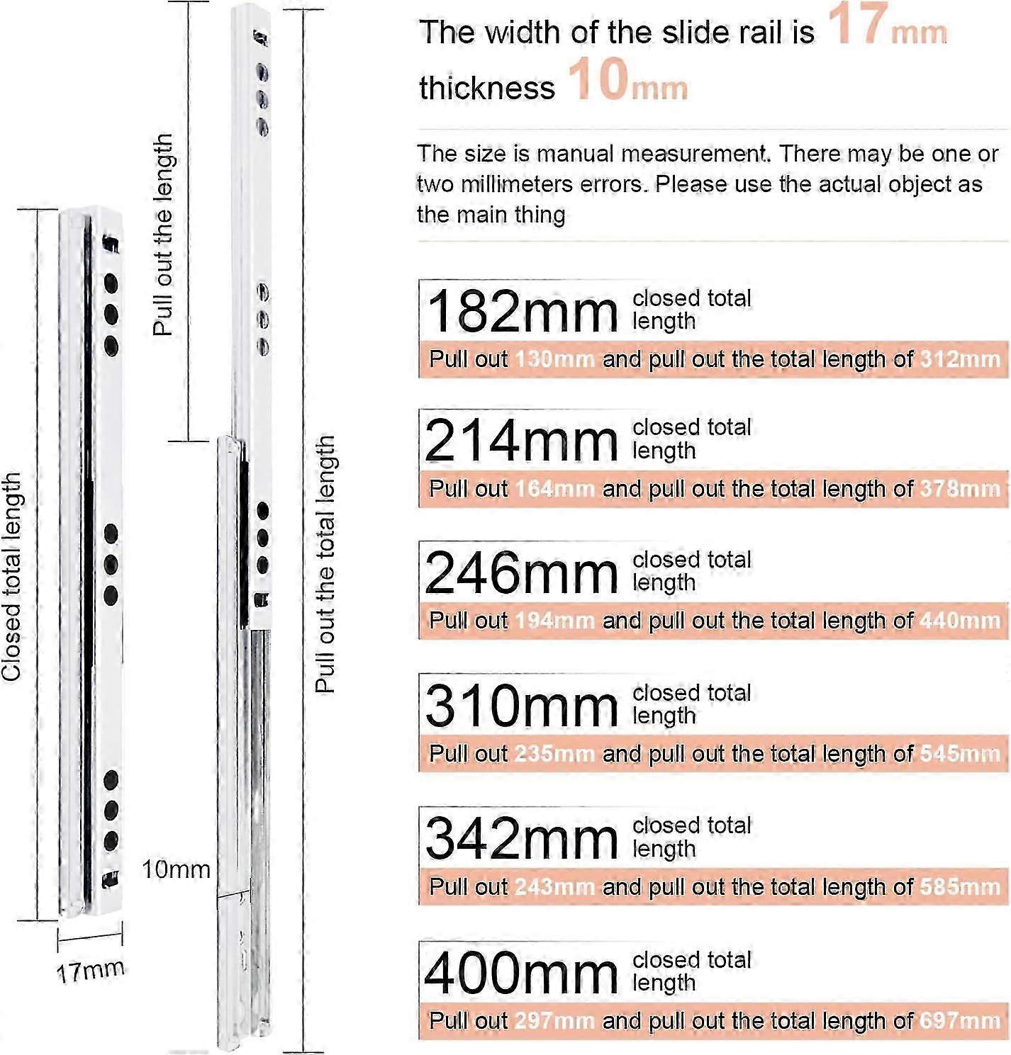 Metal Drawer Rail Runners with Ball Bearings, W17mm 1 Pair Suitable for ...