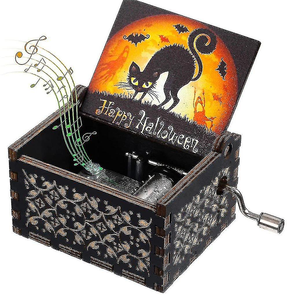 Halloween Music Box Hand Cranking Wooden Musical Box Gift For Kids ...