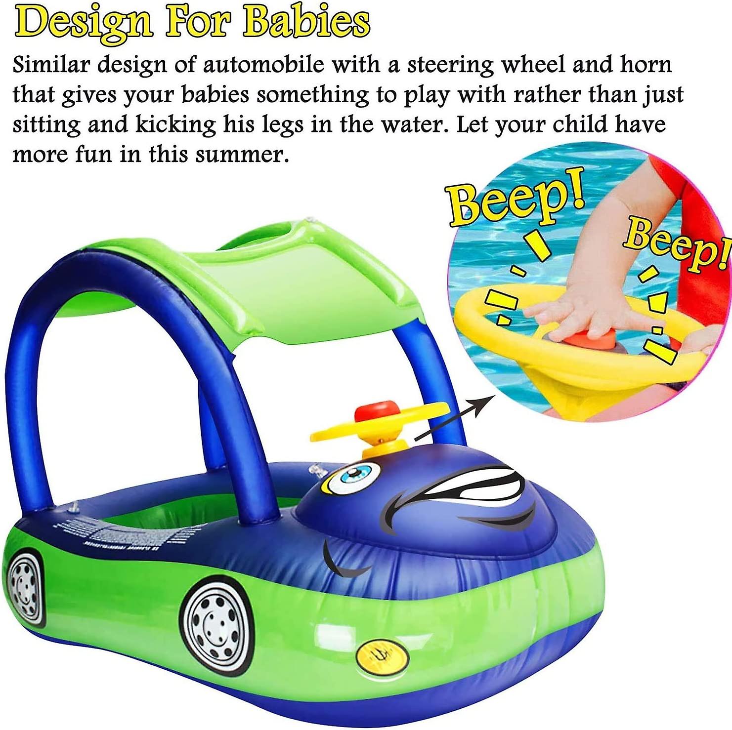 Baby Inflatable Pool Float with Canopy, Car Shaped Babies Swim Float Boat with Sunshade Safty ...