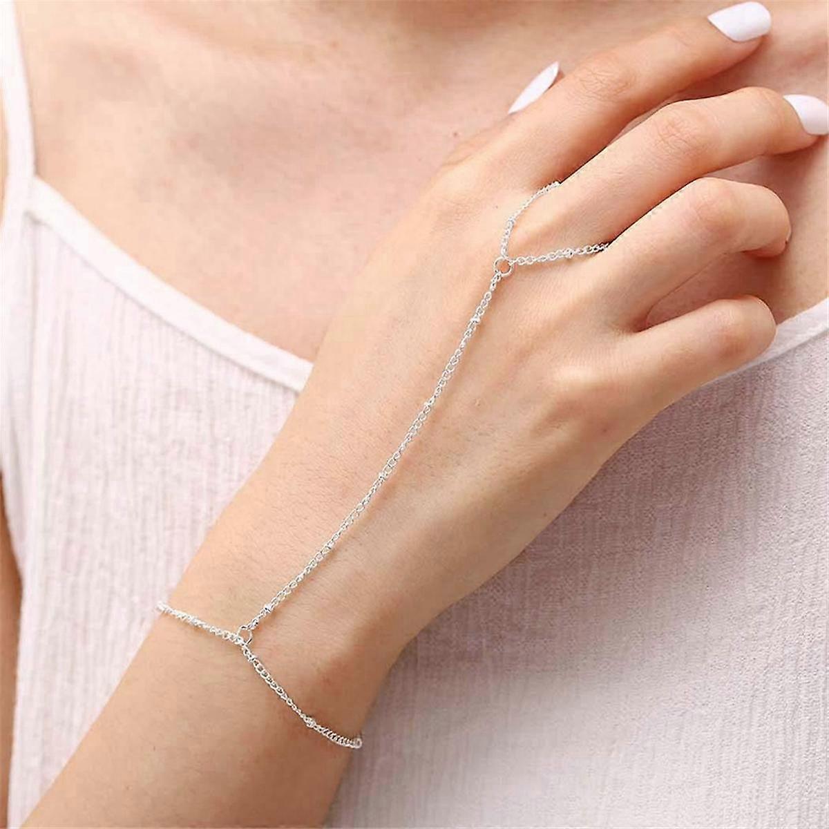 Silver Hand Chain Bracelet Ring Bracelet Hand Chain Adjustable Finger ...