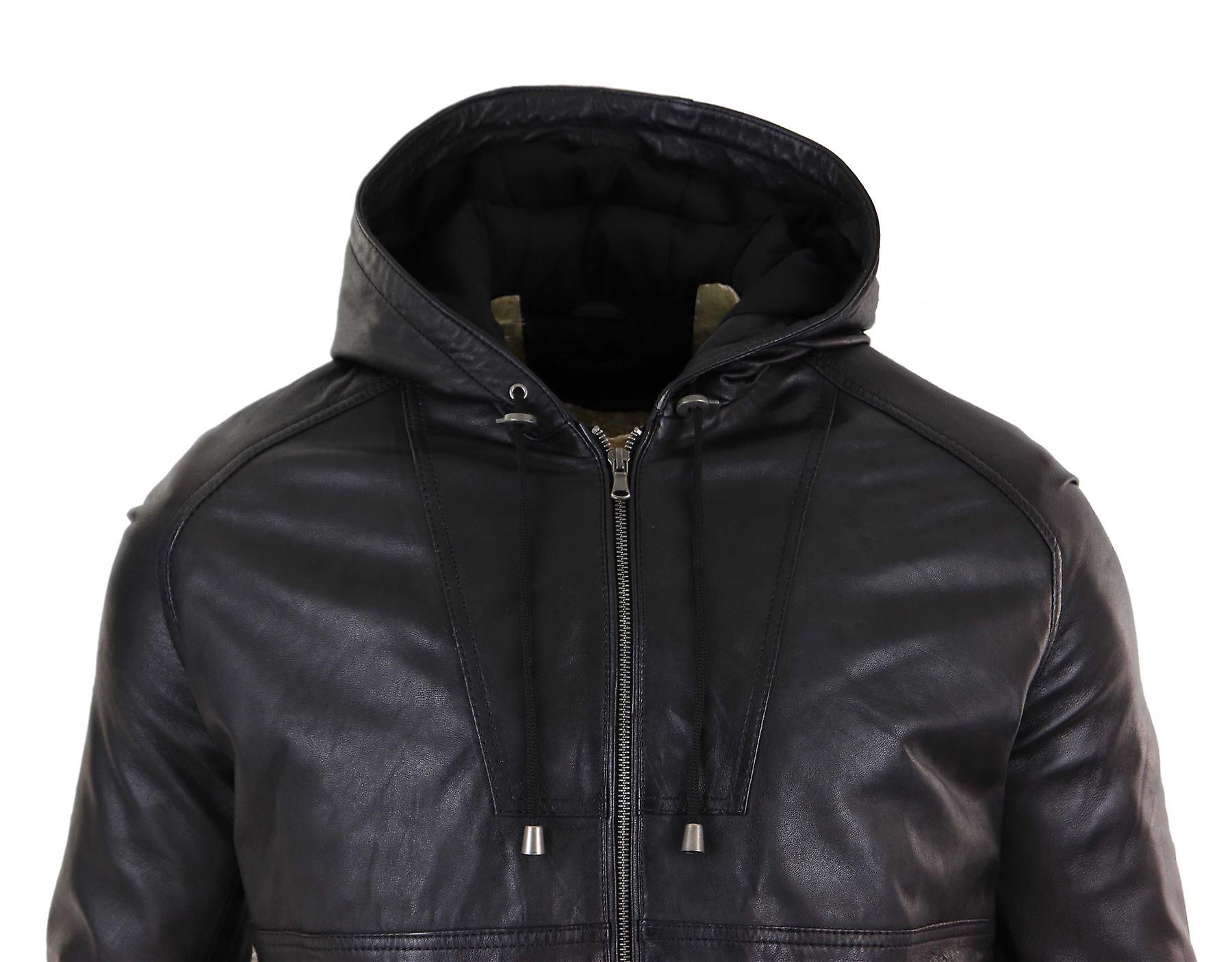 Men's Real Leather Hood Bomber Jacket Zipped Tailored Fit Casual ...