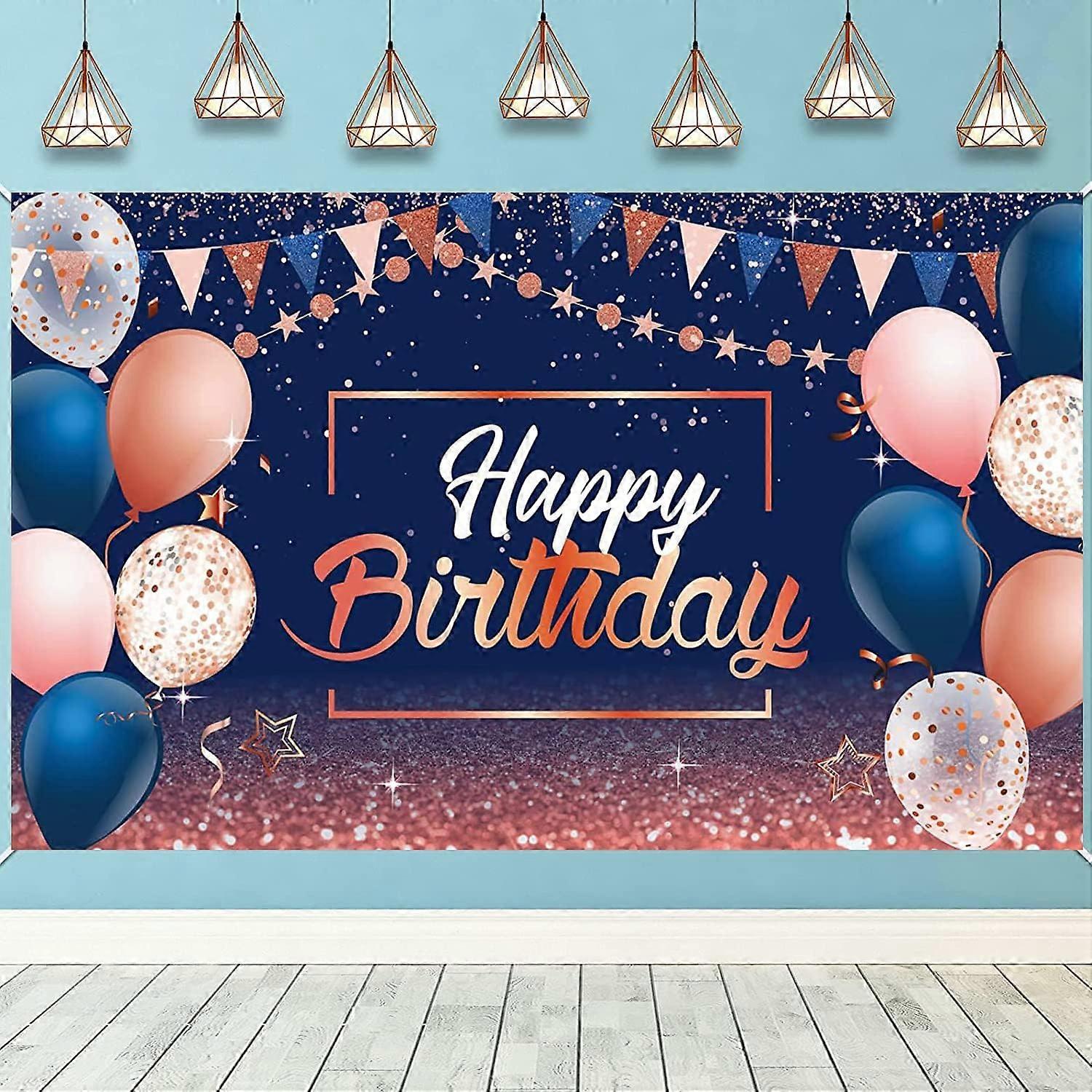 Navy Blue Happy Birthday Decorations Backdrop, Glitter Birthday Party Backdrop, Happy Birthday ...