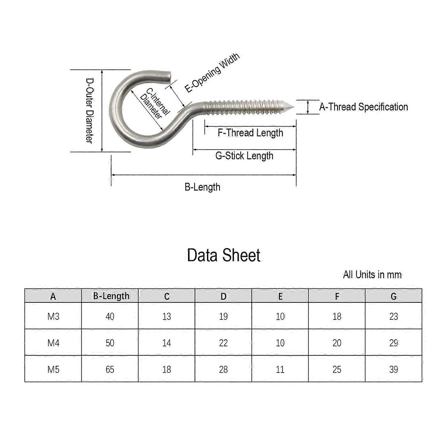 30 PCS Stainless Steel (304) Screw-in Hooks 3 Sizes 40mm 50mm 65mm ...
