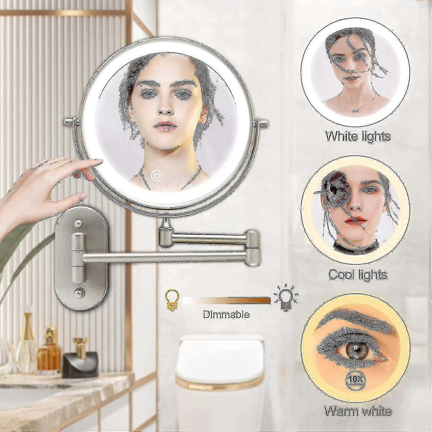 Rechargeable Lighted Makeup Mirror Wall Mount, Extendable Double Sided ...