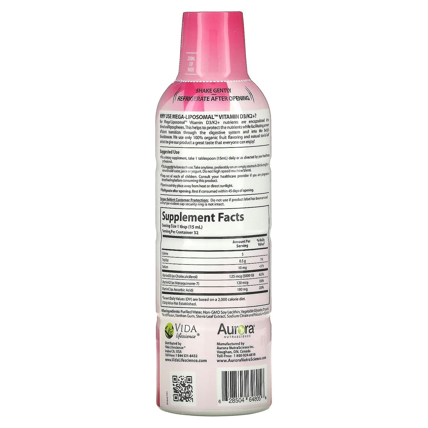 Aurora Nutrascience, Mega-Liposomal Vitamin D3/K2+, Organic Fruit, 16 ...