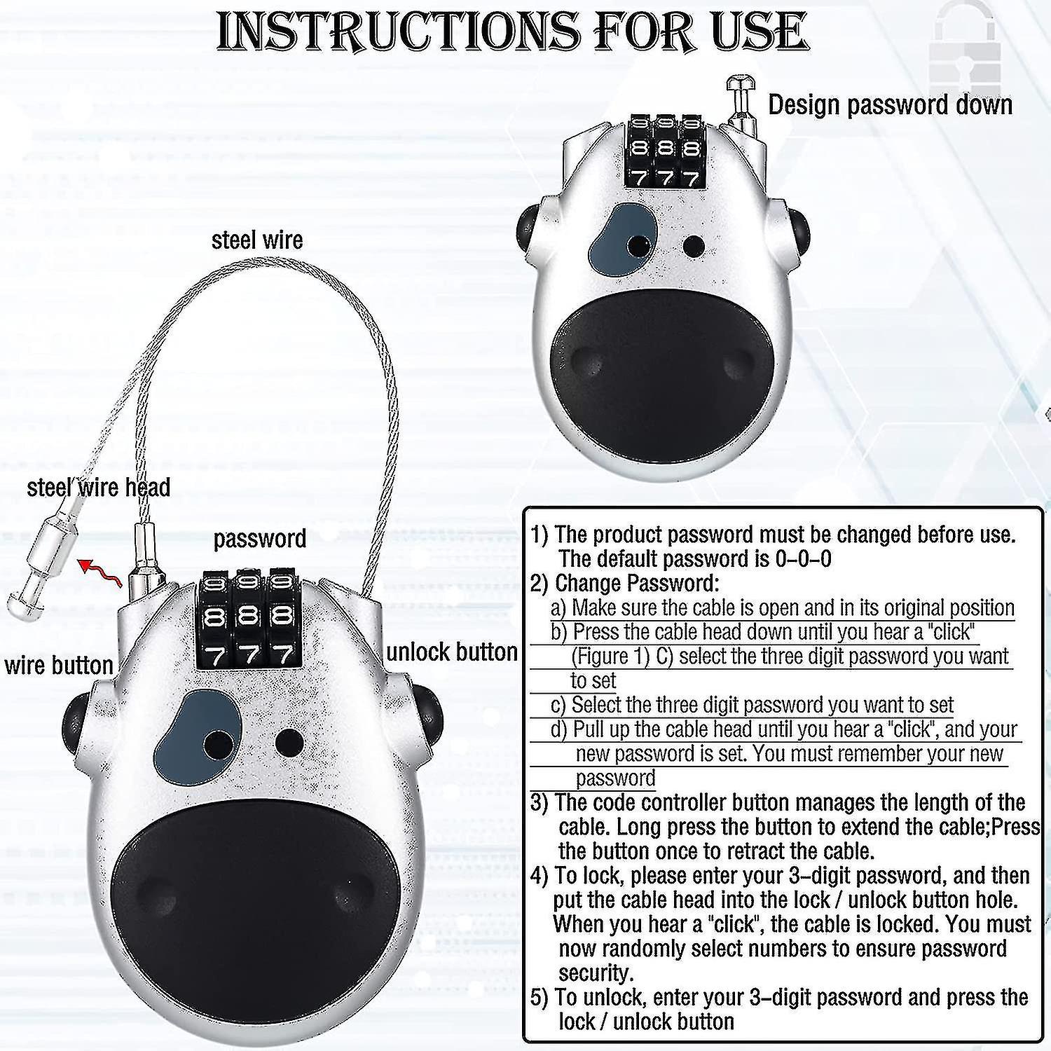 2 Combination Locks With 27.56" Retractable Cable Security Wire ...