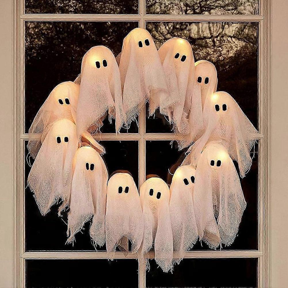 Ghosts Wreath for Halloween Light-Up White Ghost Garland for Porch Door ...