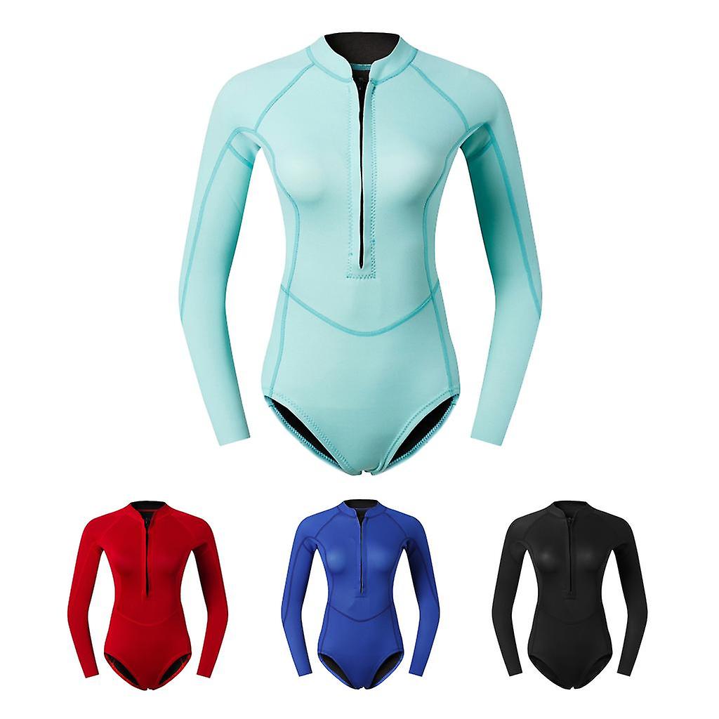 Women Neoprene Sleeve Wetsuit Front Zip Diving Bikini Suit Light Blue S ...