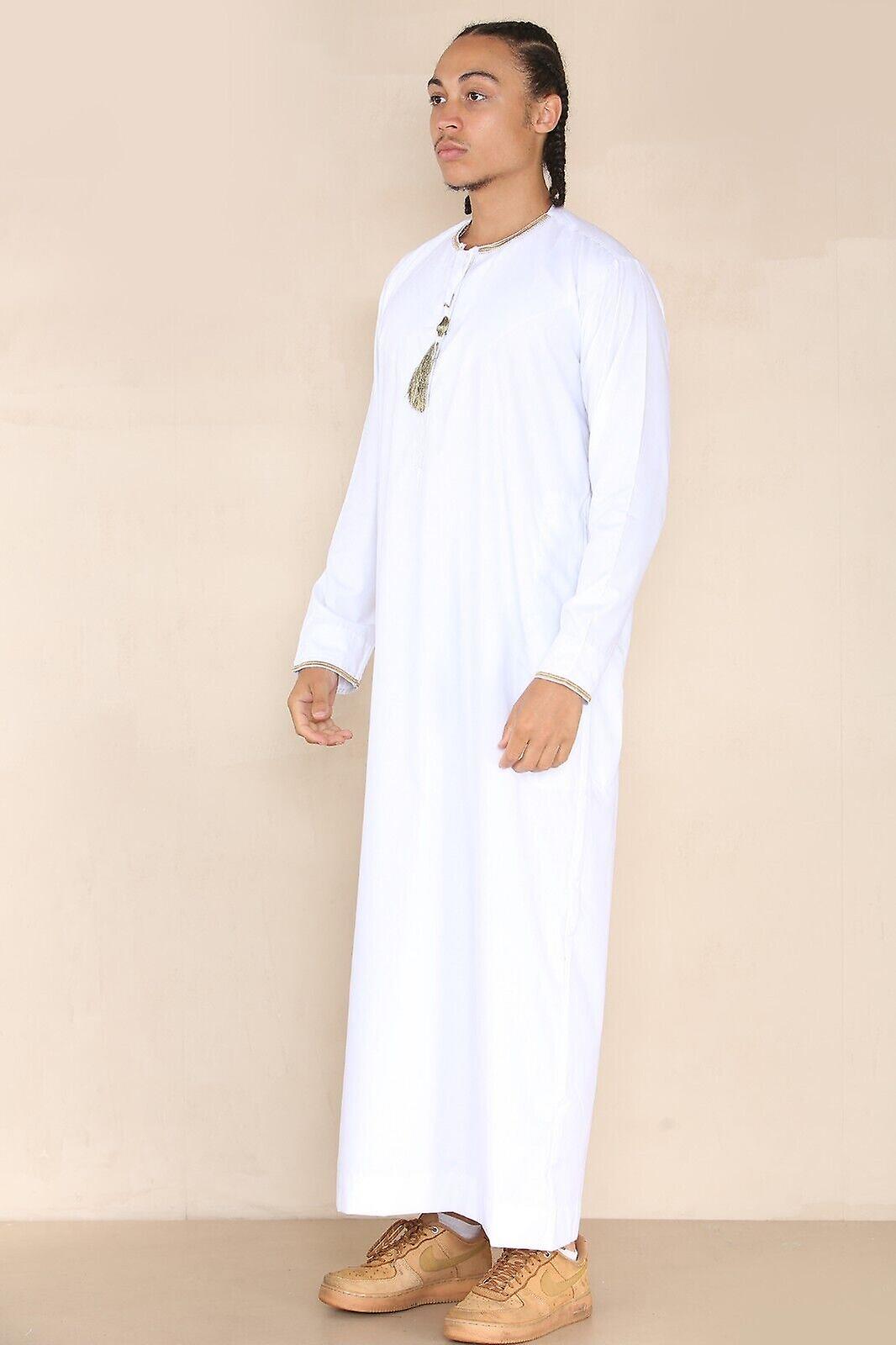 Men's Islamic White Jubba Robe Thobe Arab Eid Kaftan with Tassel ...