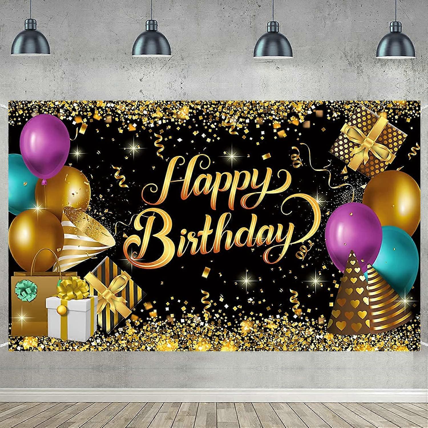 Black and Gold Birthday Backdrop Decorations Glitter Balloon Happy Birthday Backdrop Birthday ...