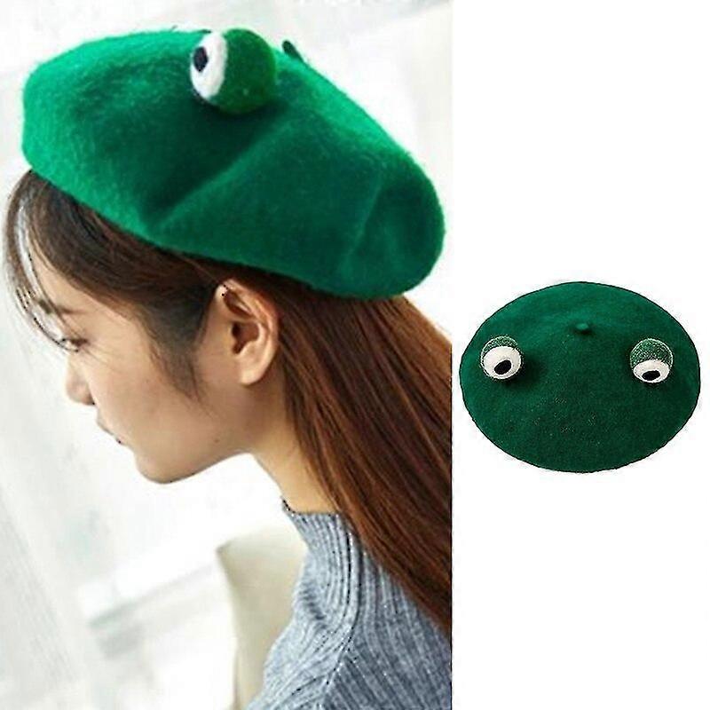 Green Frog Eyes Beret Cap Winter Warm Faux Wool Kawaii Vintage Artist ...