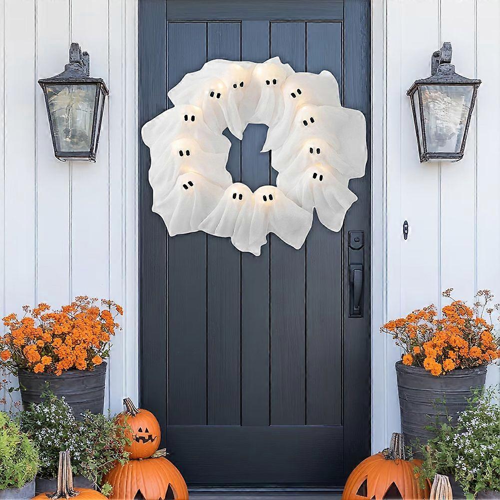 Ghosts Wreath for Halloween Light-Up White Ghost Garland for Porch Door ...