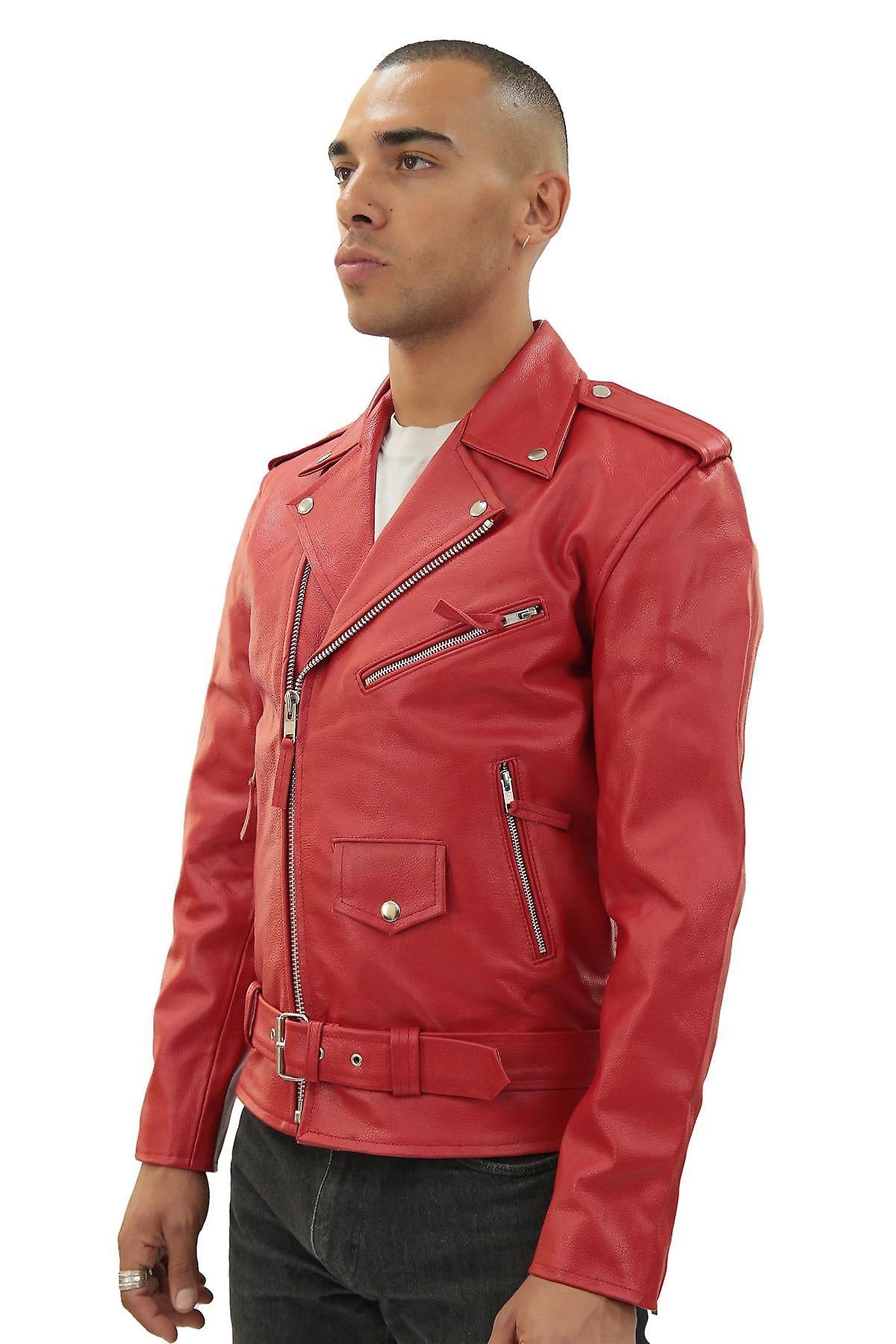 Mens Leather Red Brando Biker Rock Motorcycle Hide Jacket | Fruugo UK